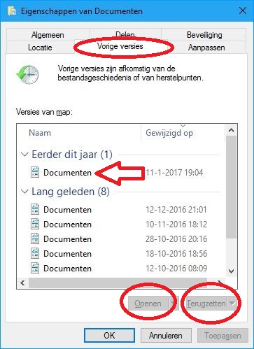 Vorige versies van bestanden, backup terugzetten, Windows 10 Help
