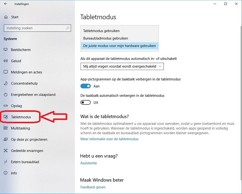 Tablet modus, Windows 10 Help