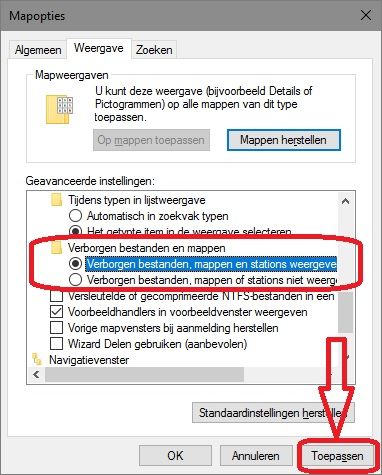 Verborgen bestanden weergeven, zichtbaar maken in Windows 10